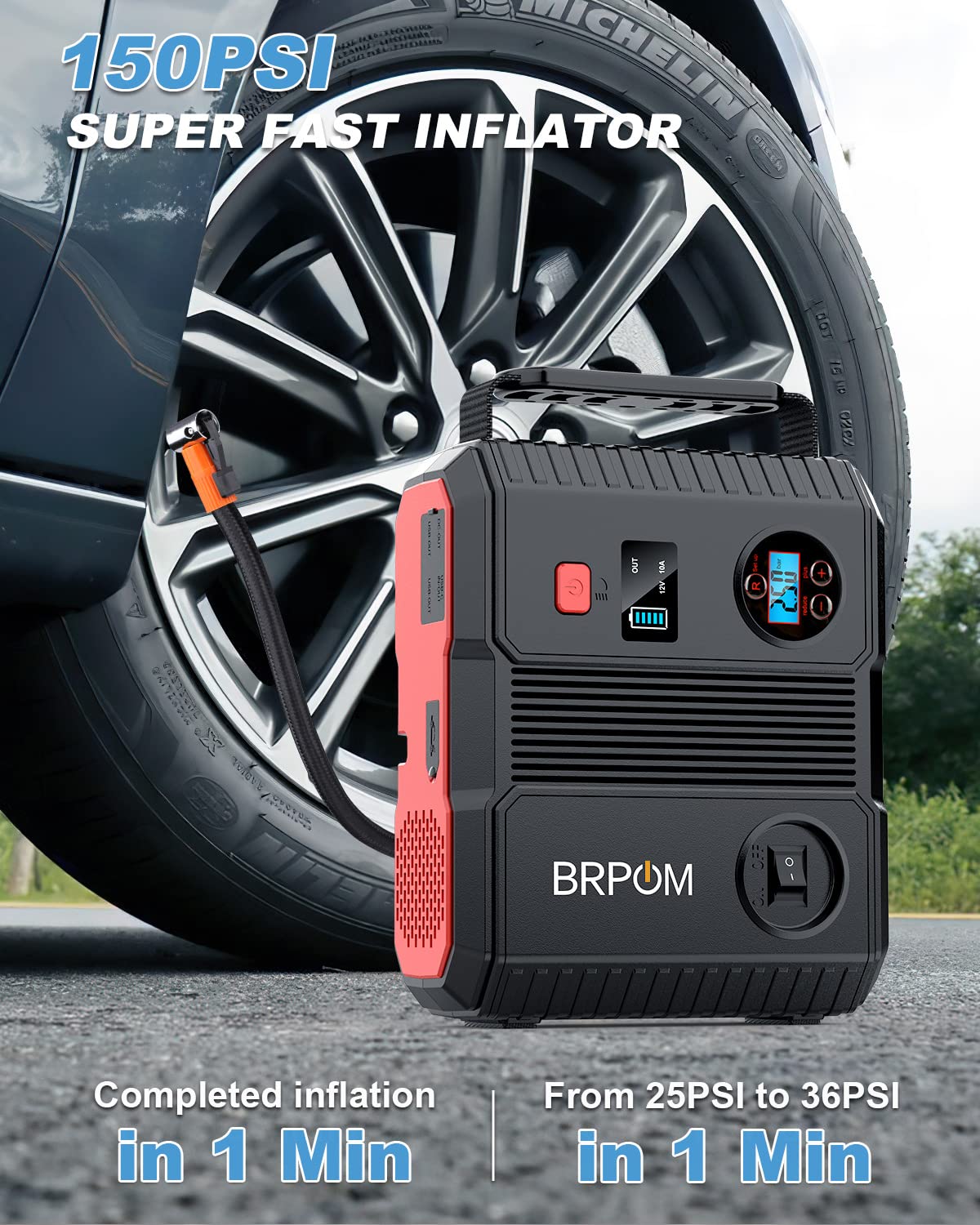 Car Jump Starter with Air Compressor, 150PSI 7000A Peak 24000mah (Up to All Gas or 8.0L Diesel Engine, 50 Times) Portable Jump Starter 12V Auto Battery Jump Pack QC 3.0 with 160W DC Out
