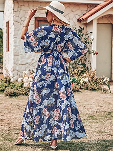 ANRABESS Women’s Summer Loose Boho Flowy Wrap V Neck 3/4 Sleeve Floral Print Slit Beach Wedding Guest Long Maxi Dresses Navy Flor Large