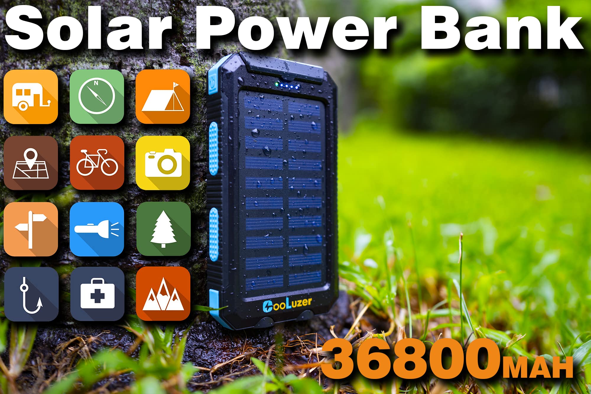 Solar Power Bank 36800mah, Solar Charger Power Bank with 18W PD 5V 3.1A outputs, IP67 Waterproof, Grade A+ Battery with LED Flashlight and Compass, Perfect Camping Gear Accessory for Outdoor (Blue)