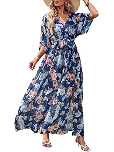 ANRABESS Women’s Summer Loose Boho Flowy Wrap V Neck 3/4 Sleeve Floral Print Slit Beach Wedding Guest Long Maxi Dresses Navy Flor Large