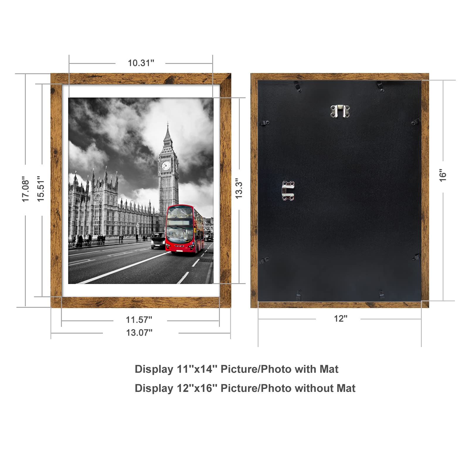 IkaLede 12x16 Rustic Frames Display Pictures 11x14 with Mat or 12x16 without Mat Wooden Farmhouse Distressed Photo Frames for Artwork Wall Mounting - Gold Brown