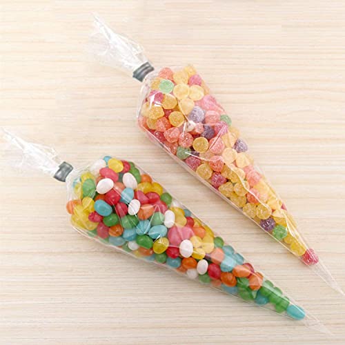 Dzrige 100 Pieces Transparent Cone bags,Clear Triangle Bags,Plastic Cone Bags with Gold Twist Ties,Plastic Treat Bags for Easter Christmas Party Favor,Wedding,Cookies,Candy,Chocolates,Popcorn,Craft Gifts - 5.1" x 9.8"