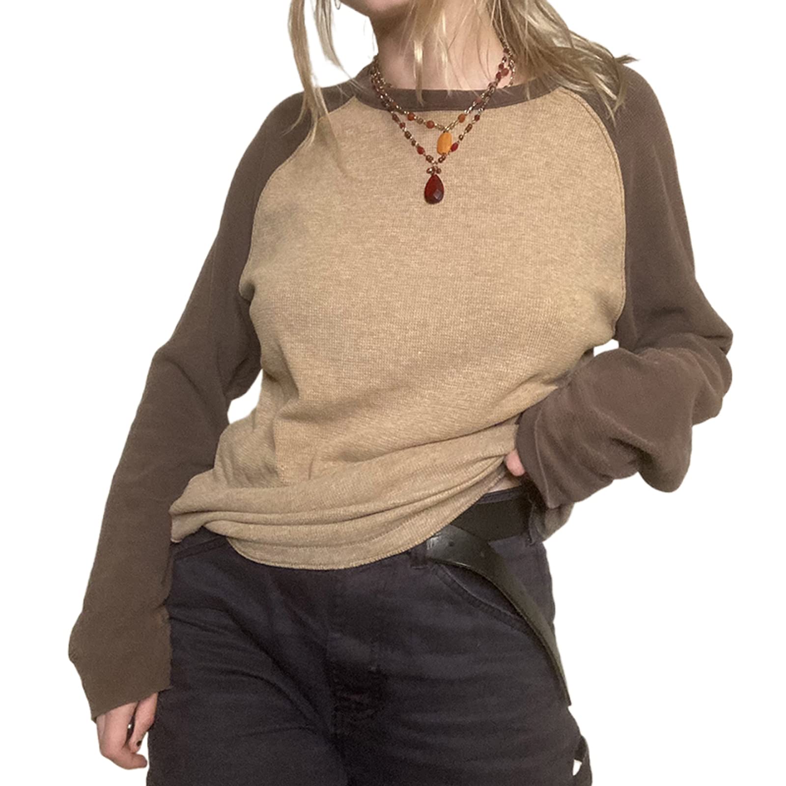 Women Y2k Oversized T Shirts Long Sleeve Harajuku Aesthetic Vintage Loose Tee Graphic Printed Fairy Grunge Sweatshirt Pullover Baggy 90s E Girl Top Streetwear (Brown Reglan Patchwork, X-Large)