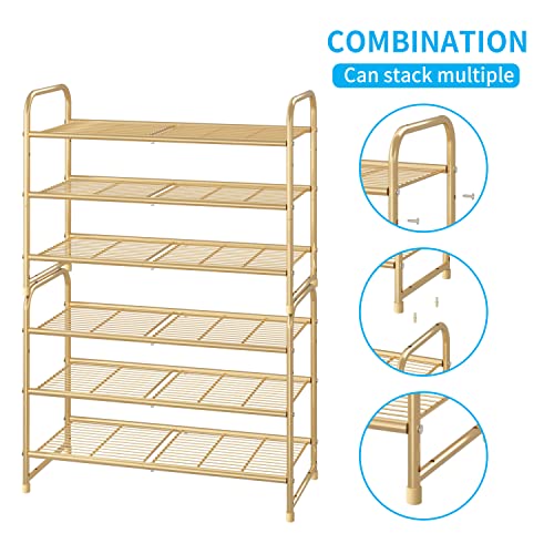 Simple Trending 3-Tier Stackable Shoe Rack, Expandable & Adjustable Shoe Shelf Storage Organizer, Wire Grid, Golden Yellow