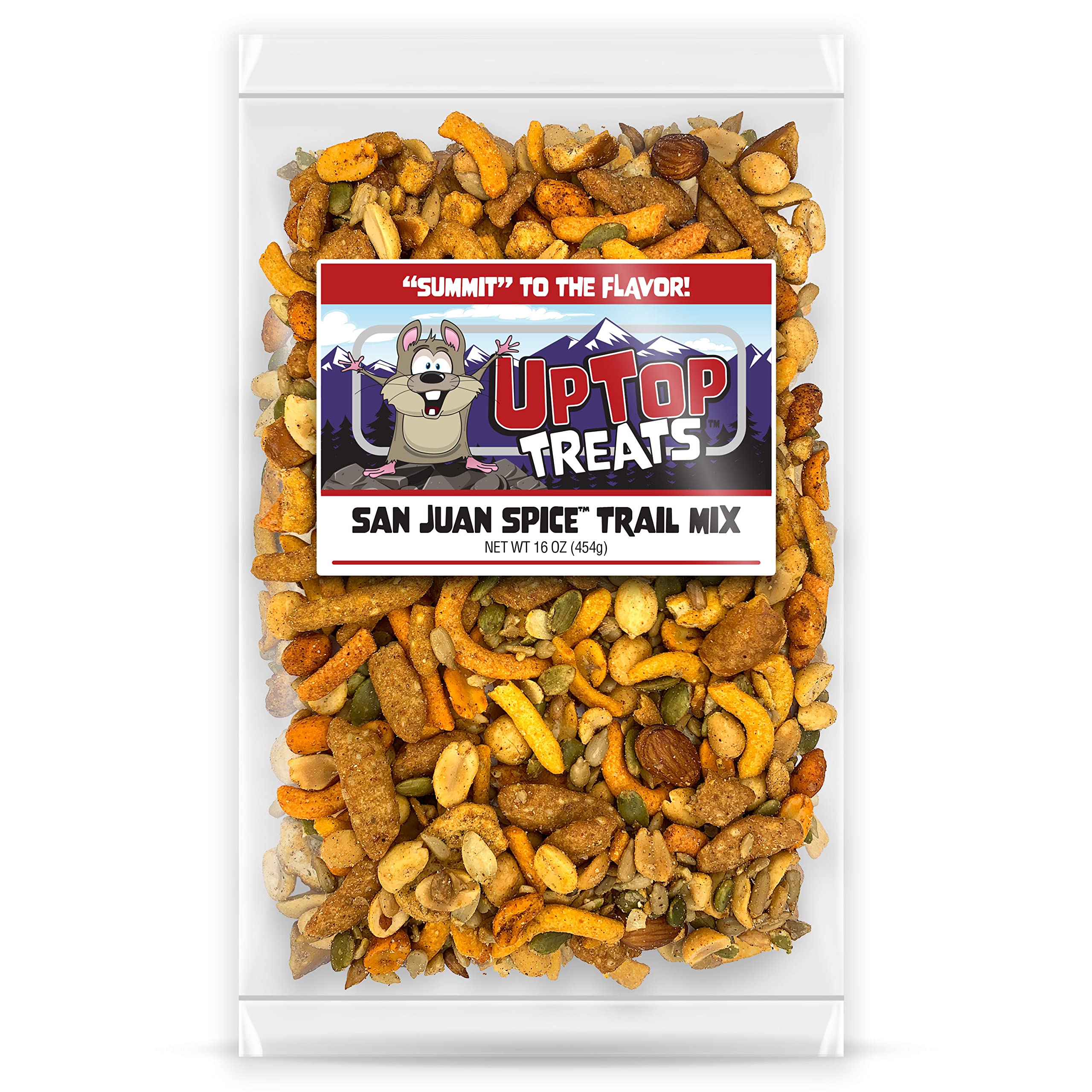 San Juan Spice Trail Mix | 1 LB Bag Spicy Trail Mix — Jalapeno Flavored Pretzels, Hot Peanuts, Pumpkin Seeds, BBQ Sticks, & Nacho Corn Sticks Pub Mix for Backpacking Food, Camping Snacks (16oz)