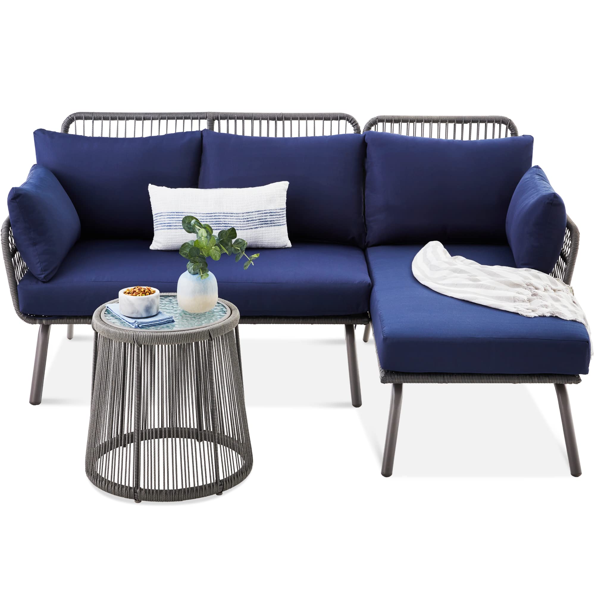 Best Choice Products Outdoor Rope Woven Sectional Patio Furniture L-Shaped Conversation Sofa Set for Backyard, Porch w/Thick Cushions, Detachable Lounger, Side Table - Gray/Navy