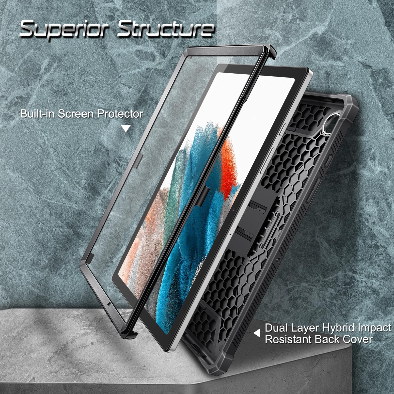 Fintie Shockproof Case for Samsung Galaxy Tab A8 10.5 Inch 2022 Model (SM-X200/X205/X207), Tuatara Rugged Unibody Hybrid Full Protective Bumper Kickstand Cover w/Built-in Screen Protector, Black