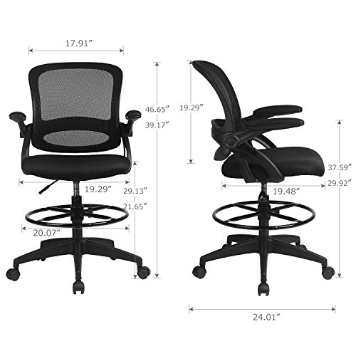 COMHOMA Drafting Chair Tall Office Chair with Flip-up Armrests for Computer Standing Desk Adjustable Foot Ring Ergonomic Mesh Back Table Chair Black