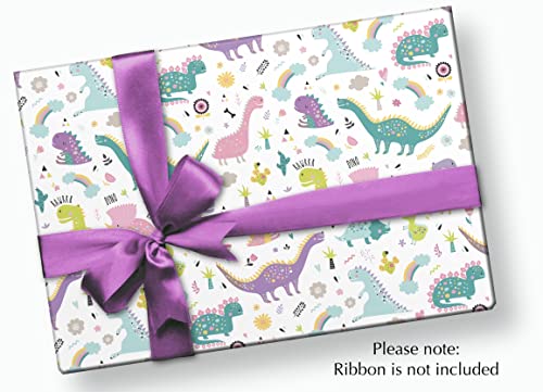 Pink Dinosaur Birthday Party Wrapping Paper, Folded Flat 30 x 20 Inch, 3 Sheets