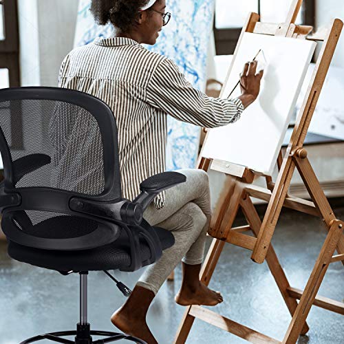COMHOMA Drafting Chair Tall Office Chair with Flip-up Armrests for Computer Standing Desk Adjustable Foot Ring Ergonomic Mesh Back Table Chair Black