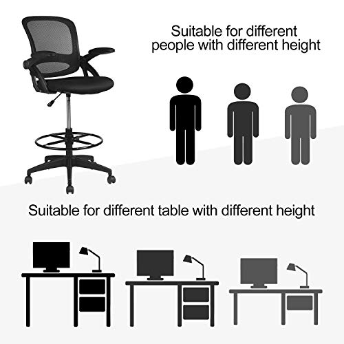 COMHOMA Drafting Chair Tall Office Chair with Flip-up Armrests for Computer Standing Desk Adjustable Foot Ring Ergonomic Mesh Back Table Chair Black
