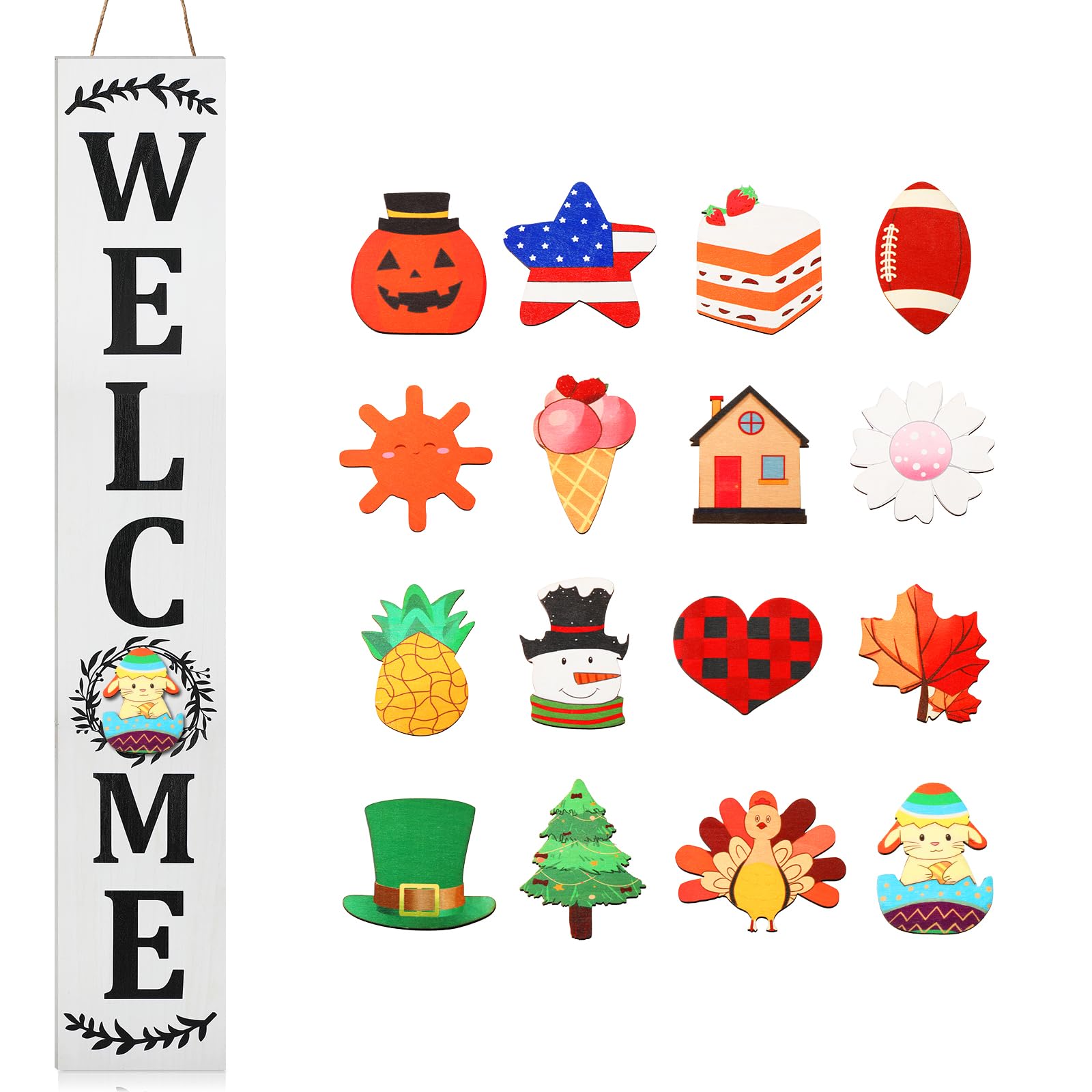 Jetec Welcome Sign for Front Door Interchangeable Wooden Welcome Porch Sign Outdoor Decoration Replaceable with 16 Seasonal Icon for Valentine's St. Patrick's Day Carnival Easter(White Backing)