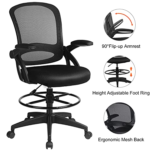 COMHOMA Drafting Chair Tall Office Chair with Flip-up Armrests for Computer Standing Desk Adjustable Foot Ring Ergonomic Mesh Back Table Chair Black