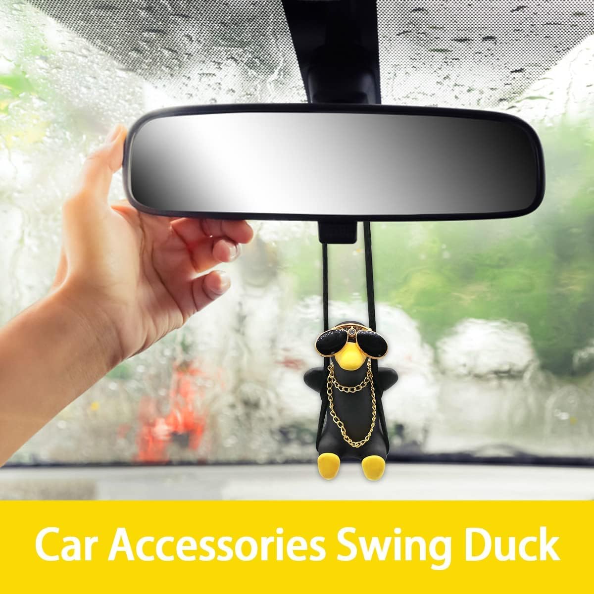 Swinging Duck Hanging Ornament, Cute Accessories for Rear View Mirror, Car Pendant With Black Sunglasses, Hanging Swing