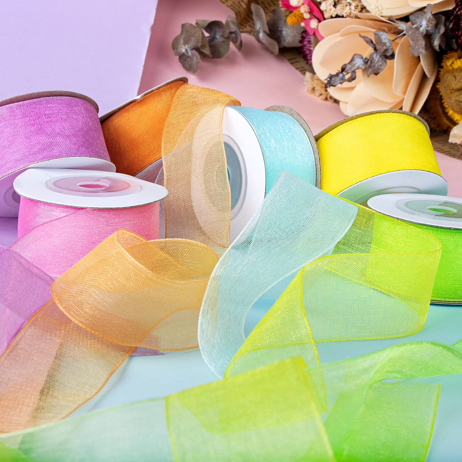 SOFIRE 6 Spools Sheer Chiffon Organza Ribbon - 1 Inch Wide 60 Yards for Crafts, Gift Wrapping, Summer