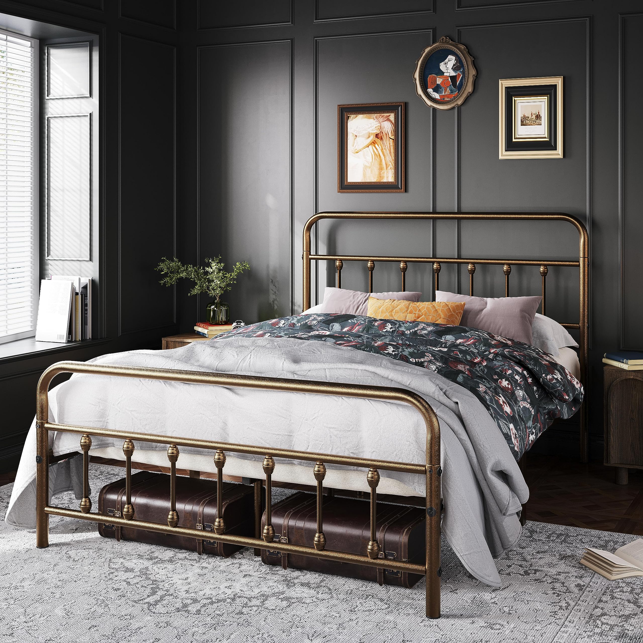 Topeakmart Full Size Victorian Style Metal Bed Frame with Headboard/Mattress Foundation/No Box Spring Needed/Under Bed Storage/Strong Slat Support Bronze