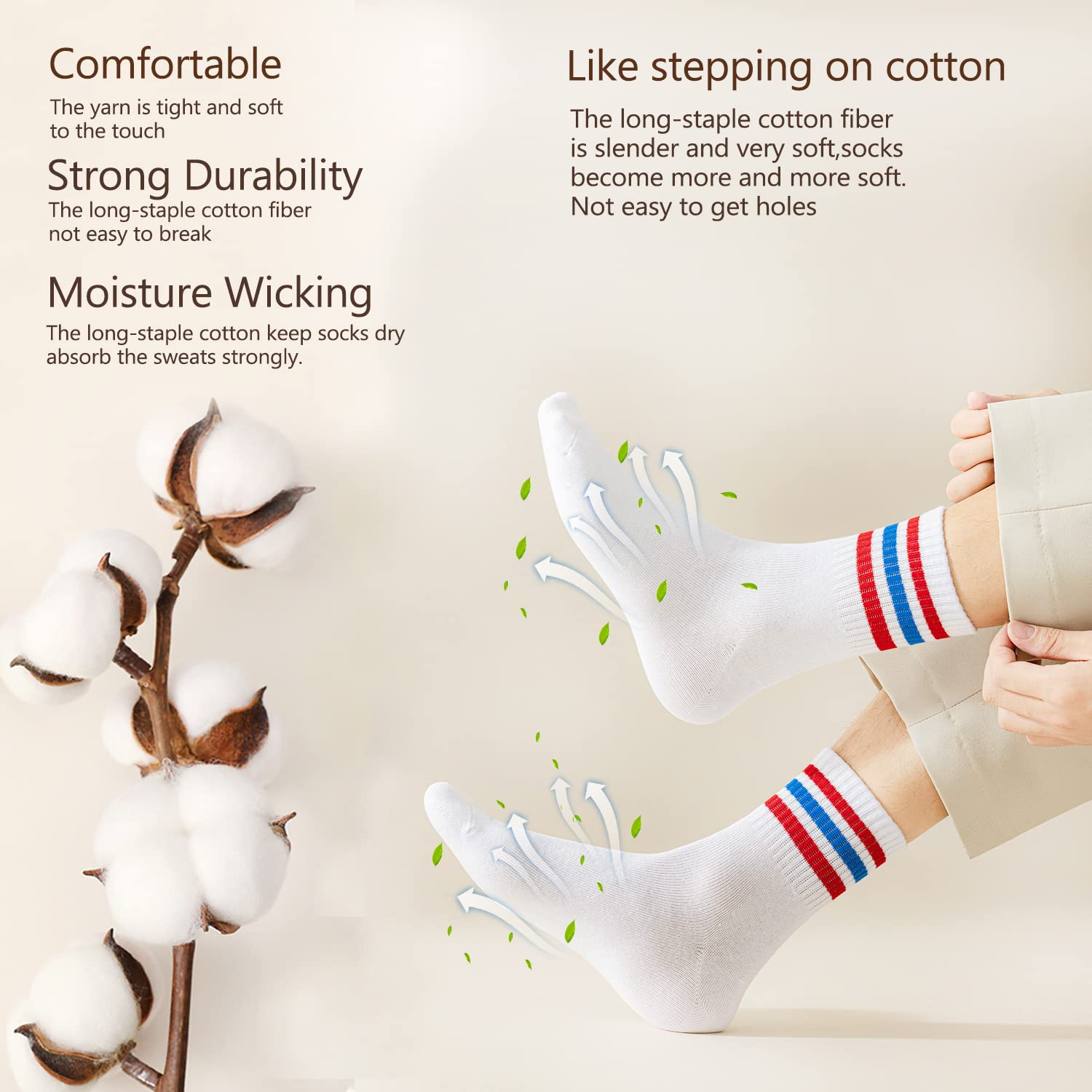 Mottee&Zconia Quarter Crew Sock for Womens/Mens Retro Vintage Old School Vibe Cotton Strips White Socks 6 pack