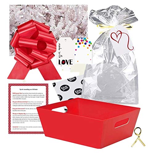 Gift Basket Making Kit Do It Yourself Diy Build Your Own Gift Basket Matching Supplies Market Tray Basket Cellophane Bag Shredded Crinkle Paper Ribbon Pull Bow (RED AND WHITE, X-LARGE)