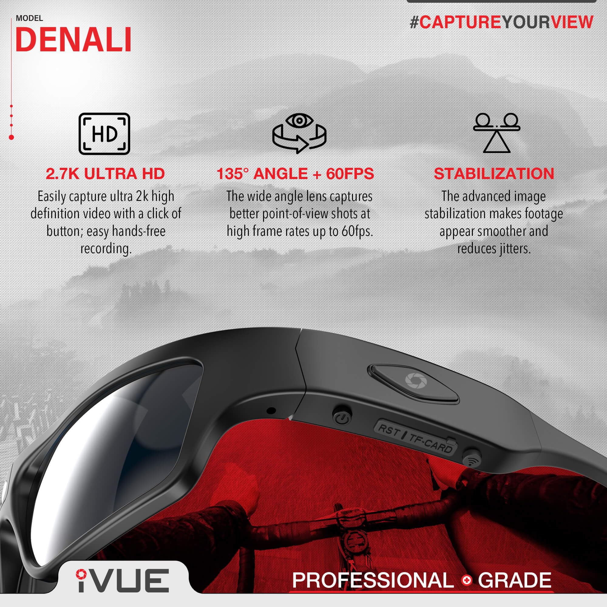 iVue Denali 2K/1080P HD Camera Glasses POV Video Recording Sport Sunglasses DVR Eyewear, Up to 60fps