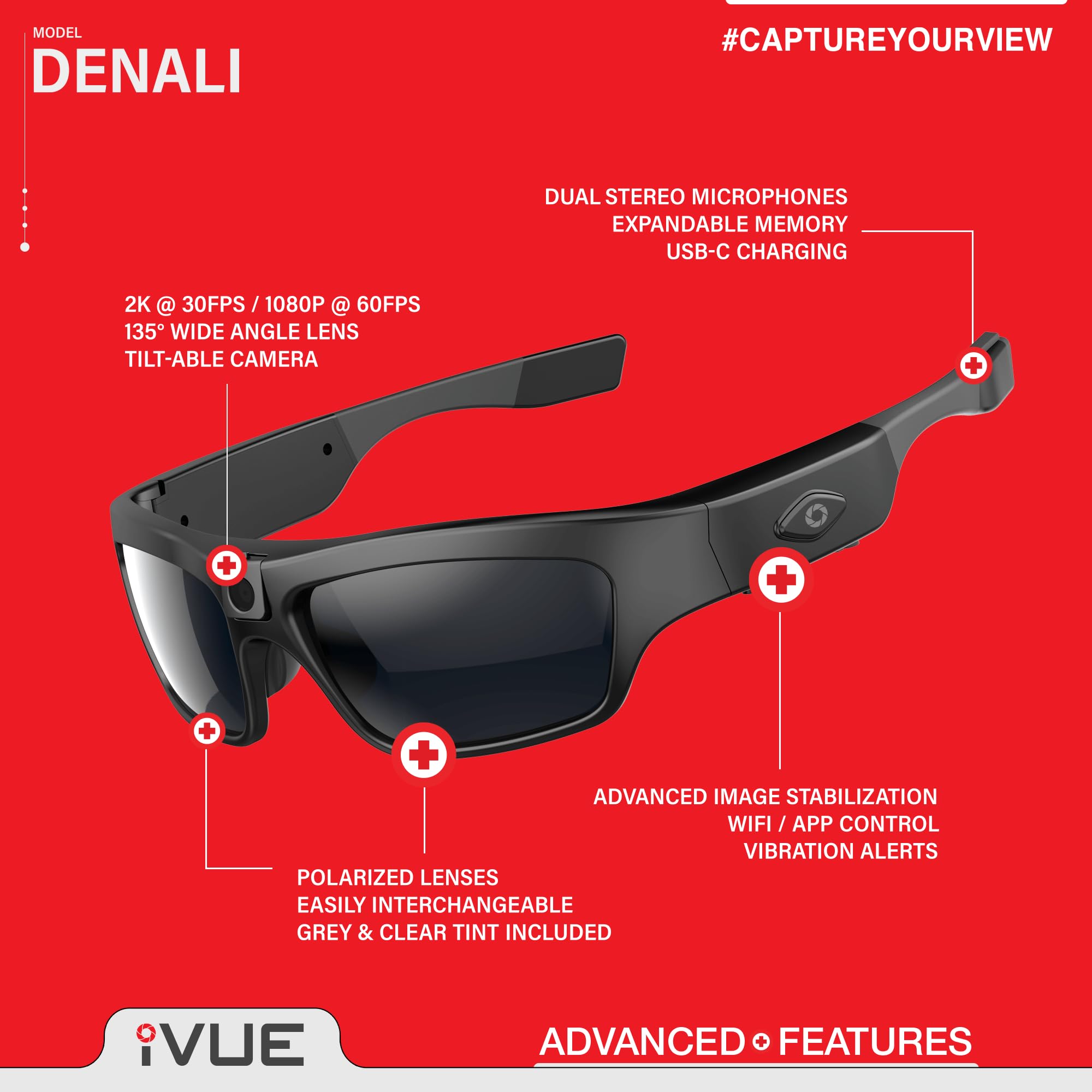 iVue Denali 2K/1080P HD Camera Glasses POV Video Recording Sport Sunglasses DVR Eyewear, Up to 60fps
