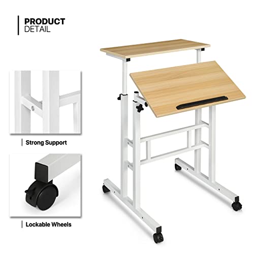 MoNiBloom Mobile Standing Desk with 2 Platforms Adjustable Computer Laptop Desk Home Office Workstation Rolling Table Cart for Standing or Sitting, Natural