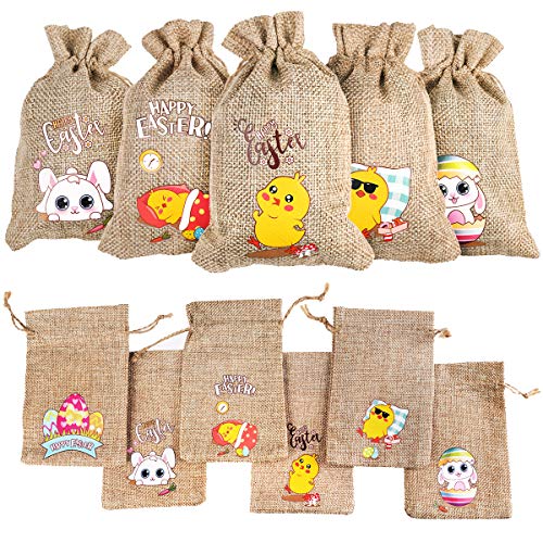 DIYASY 36 Pcs Easter Burlap Goody Bags,Egg Bunny Chick Treat Drawstring Linen Bags for Easter Party Favor.