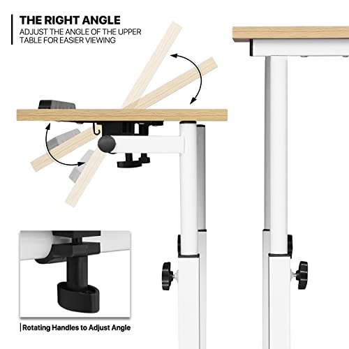 MoNiBloom Mobile Standing Desk with 2 Platforms Adjustable Computer Laptop Desk Home Office Workstation Rolling Table Cart for Standing or Sitting, Natural