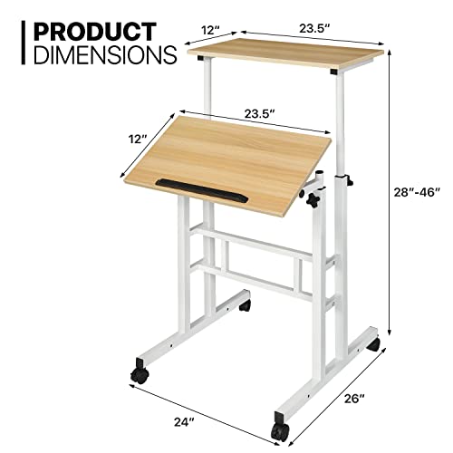 MoNiBloom Mobile Standing Desk with 2 Platforms Adjustable Computer Laptop Desk Home Office Workstation Rolling Table Cart for Standing or Sitting, Natural