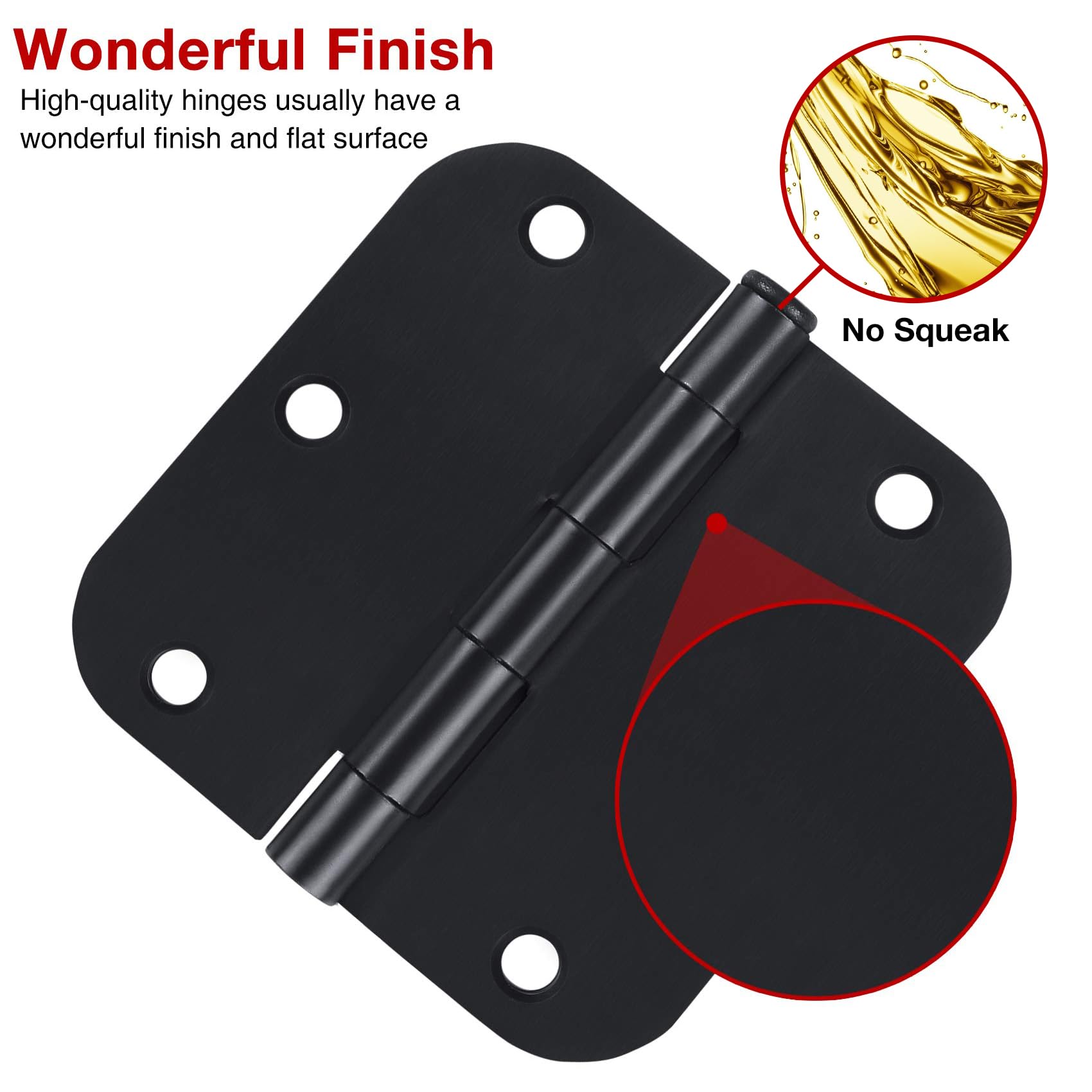 6 Pack Black Door Hinges - 3.5 x 3.5 Inch, Matte Black, 5/8 Inch Radius Corners, Standard Residential & Office Door Hardware