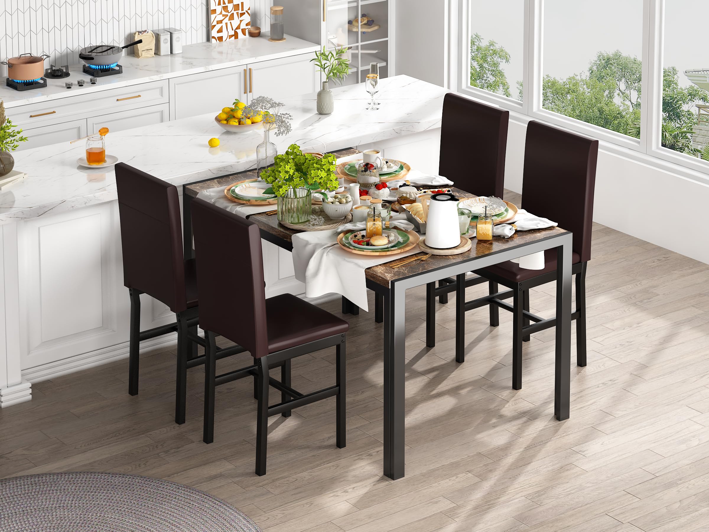Recaceik Dining Table Set for 4, Kitchen Table and Chairs for 4, Faux Marble Dinner Table Set with 4 Upholstered PU Leather Chairs, Dining Room Table Set for Kitchen Dining Room (Brown)