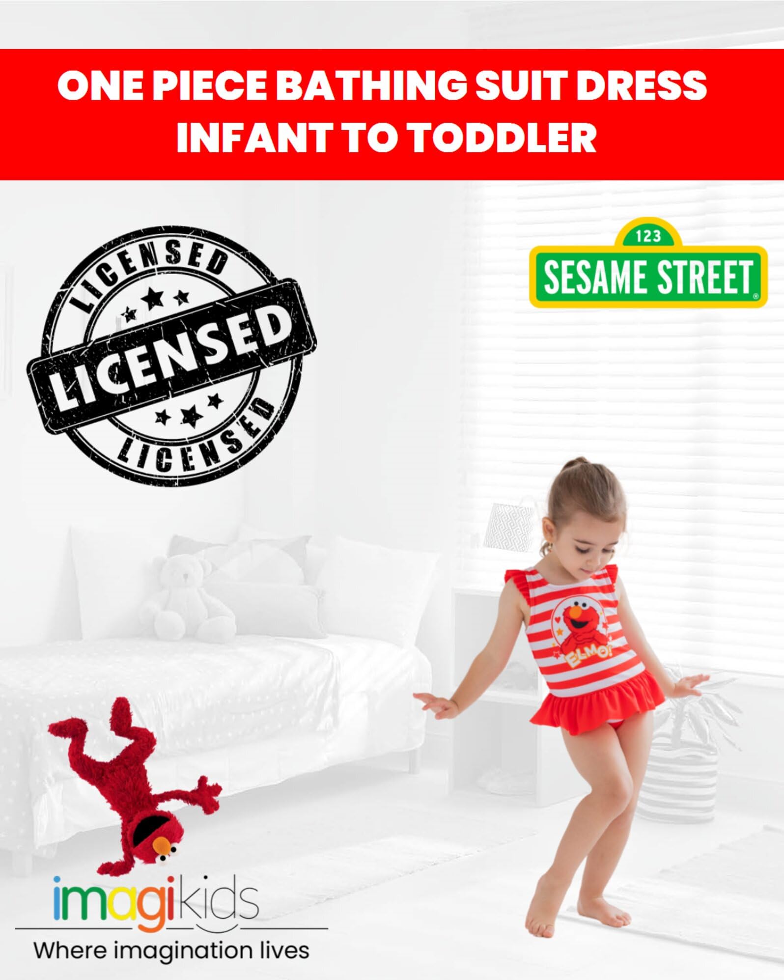 Sesame Street Elmo Toddler Girls One-Piece Bathing Suit Dress Red 2T