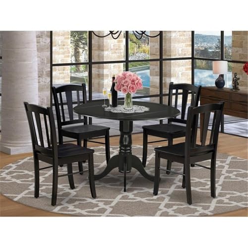 East West Furniture DLDL5-BLK-W 5 Piece Kitchen Table Set for 4 Includes a Round Dining Room Table with Dropleaf and 4 Dining Chairs, 42x42 Inch, Black