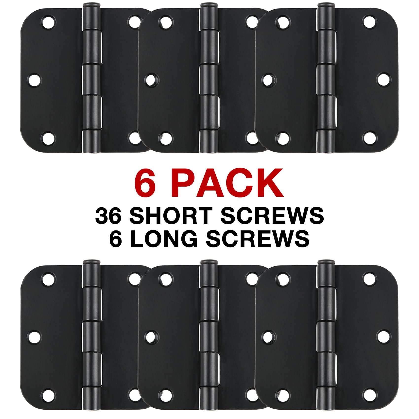 6 Pack Black Door Hinges - 3.5 x 3.5 Inch, Matte Black, 5/8 Inch Radius Corners, Standard Residential & Office Door Hardware