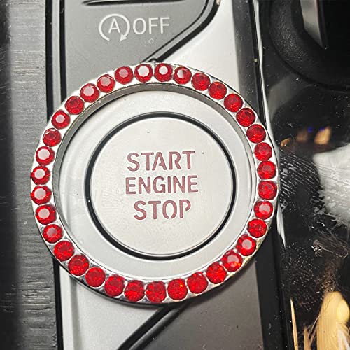 Bling Car Crystal Rhinestone Ring Emblem Sticker, Car Interior Decoration, Bling Car Accessories for Women, Push to Start Button, Key Ignition Starter & Knob Ring (Red)