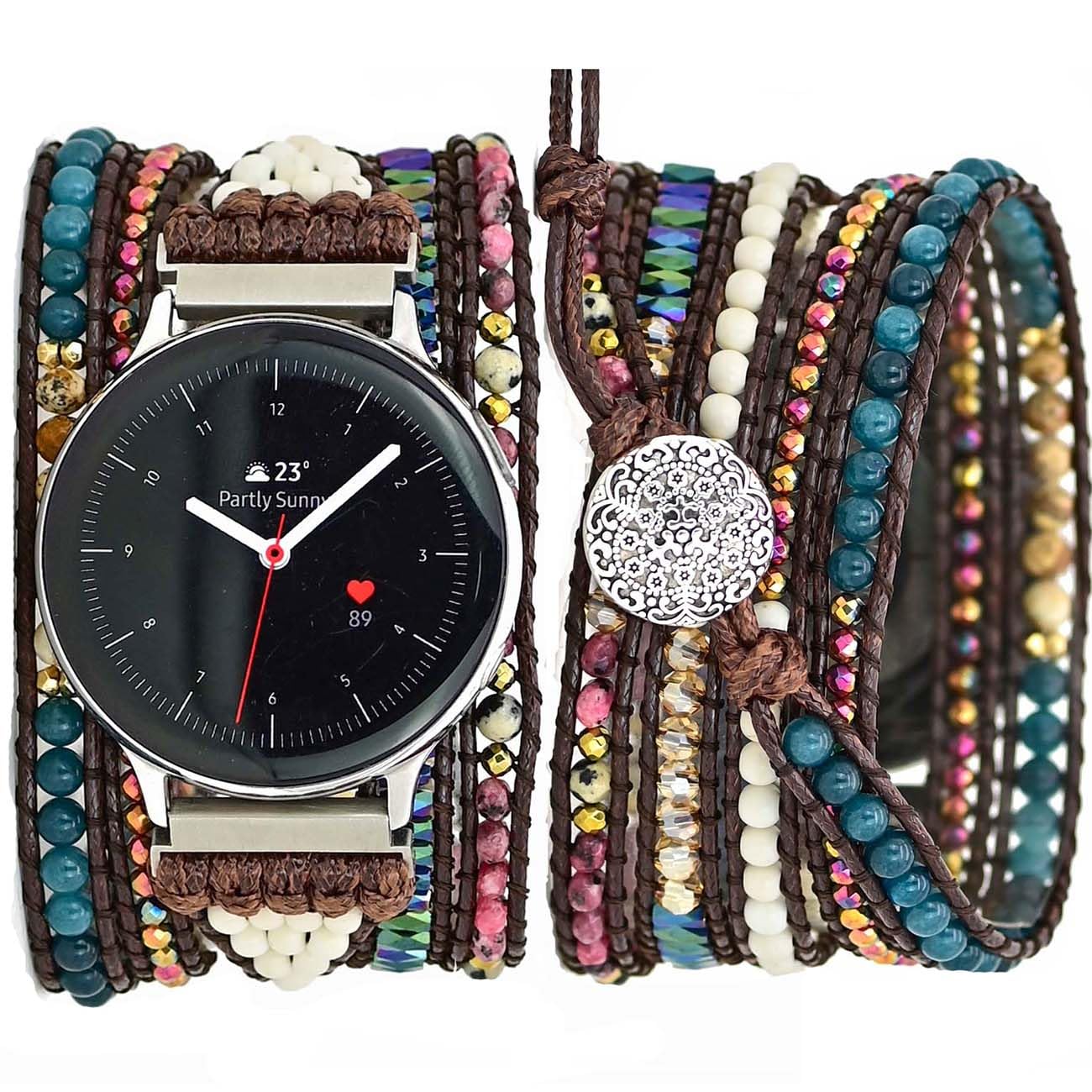 Somesame Compatible with Samsung Galaxy Watch 6/5/4/Active 2 40mm 44mm Band/Watch 6 Classic/Galaxy Watch 5 Pro 45mm/Watch 4 Classic,20mm Boho Beaded 5 Wraps Chakra Bracelet Watch Strap for Women Men