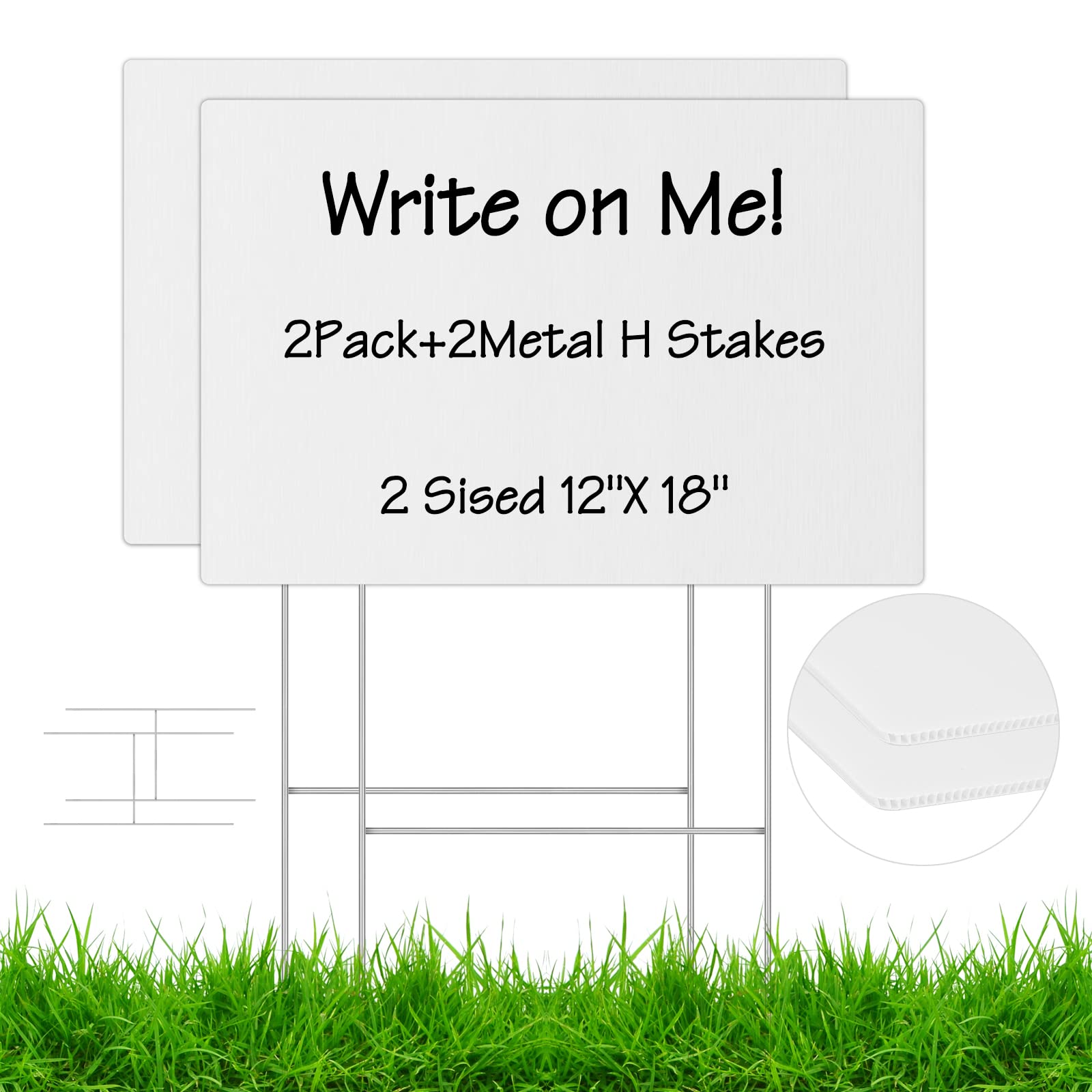 ANZEKE Blank Yard Signs with H- Metal Stakes, 2 Pack 18 x 12Inches White Corrugated Plastic Yard Lawn Sign for Party Decorations, Estate,Garage Sale Signs, Rent, Guidepost Decorations,Open House