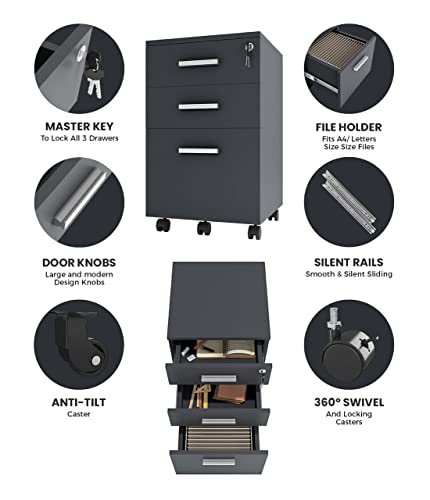 Lazio 26 Inch File Cabinet with Lock - Filing Cabinet for Home and Office - 3 Drawer File Cabinet with Wheels for A4 Sized Letters, Legal Sized Documents, Hanging File Folders - Black/Black