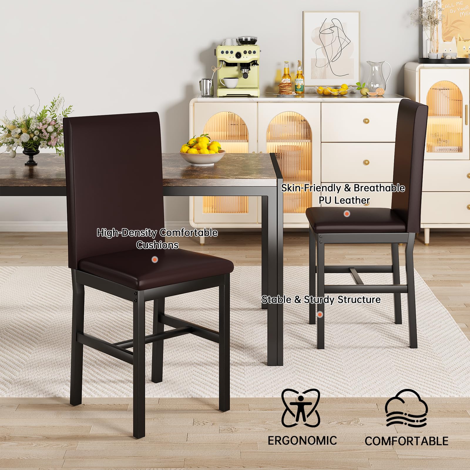Recaceik Dining Table Set for 4, Kitchen Table and Chairs for 4, Faux Marble Dinner Table Set with 4 Upholstered PU Leather Chairs, Dining Room Table Set for Kitchen Dining Room (Brown)