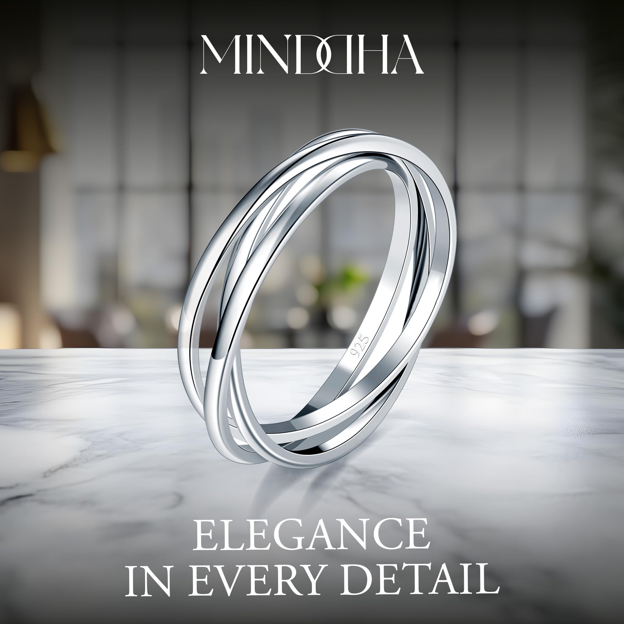 MINDDHA Sterling Silver Interlocking Ring for Women - 925 Trinity Rolling Ring - Handmade Dainty Stackable Jewelry - Ideal Gift for Anniversary, Birthday, Special Occasions - 2mm 3mm Bands, Size 10
