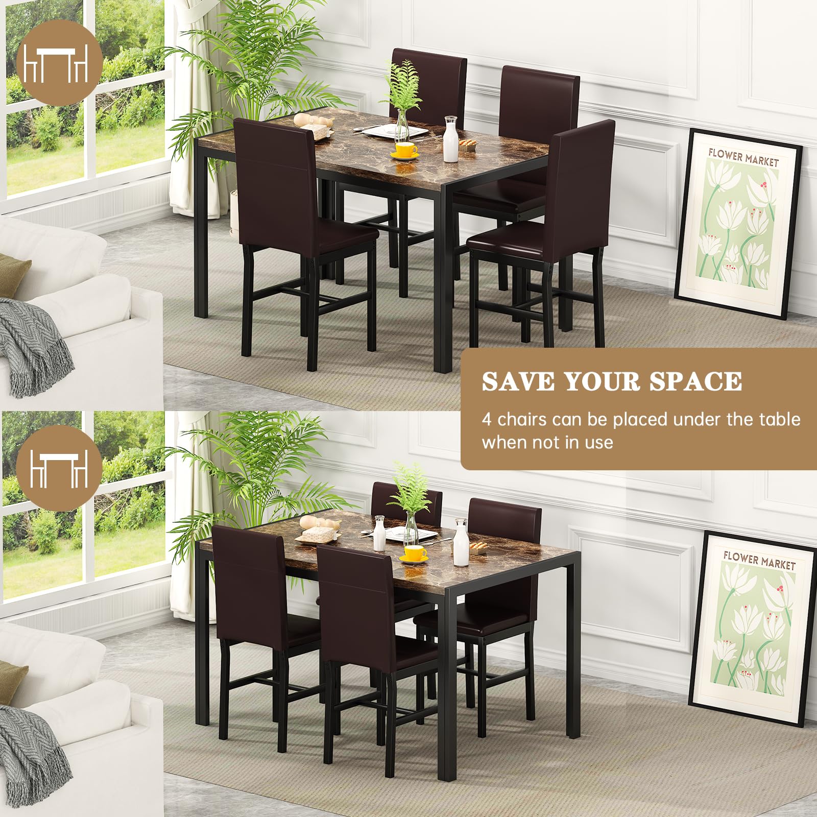 Recaceik Dining Table Set for 4, Kitchen Table and Chairs for 4, Faux Marble Dinner Table Set with 4 Upholstered PU Leather Chairs, Dining Room Table Set for Kitchen Dining Room (Brown)