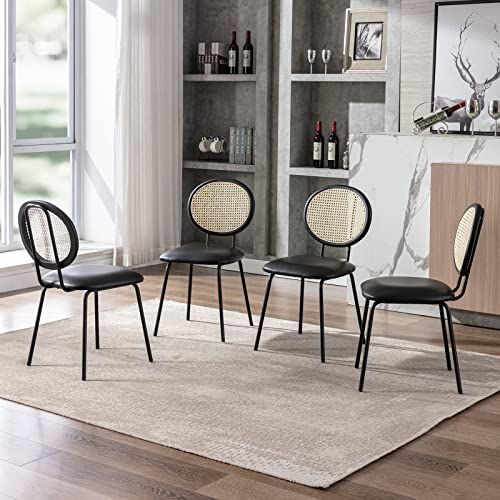 Jaxsen Faux Leather Indoor Kitchen Dining Chairs Set of 4 with Rattan Backrest, Modern Industrial Upholstered Chairs mid Century Metal Dining Chair Suitable for Dining Room Wine Coffee Bar, Black,18"