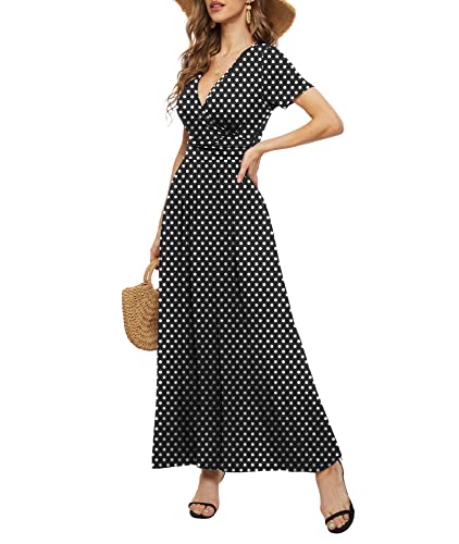 LILBETTER Women's Long Summer Dress Floral Maxi Short Sleeve Dresses with Pockets(F Black Polka Dot,X-Large)
