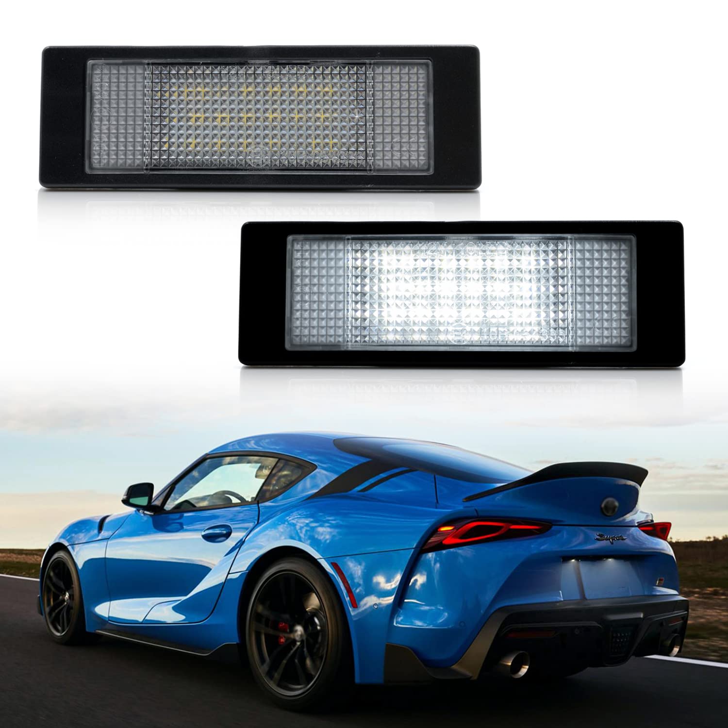 LED License Plate Lights Compatible w/ 2020 2021 2022 To'yota GR Supra, OEM Led Number Lamps Replacement 6000K 18-SMD Led Xenon White Rear Tag Light Kit Assembly Canbus Error Free