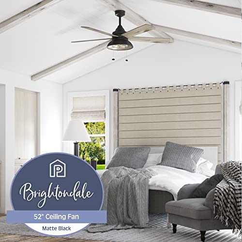 Prominence Home Brightondale, 52 Inch Industrial Style Indoor Outdoor LED Ceiling Fan with Light, Pull Chain, Dual Mounting Options, 5 Dual Finish Blades, Reversible Motor - 51659-01 (Matte Black)