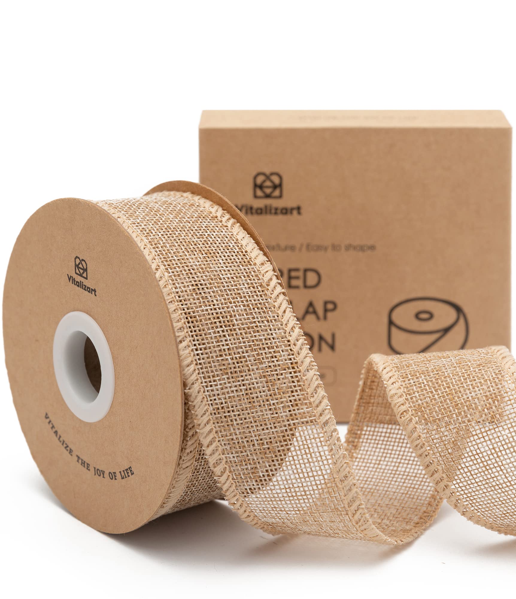 Vitalizart Wired Burlap Ribbon 1 1/2 Inch x 10 Yard Solid Faux Burlap Natural Color Ribbon for Crafts Christmas Tree Decoration Wreaths Gift Wrapping Garland Gift Wrapping