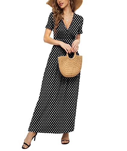 LILBETTER Women's Long Summer Dress Floral Maxi Short Sleeve Dresses with Pockets(F Black Polka Dot,X-Large)
