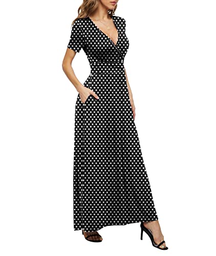 LILBETTER Women's Long Summer Dress Floral Maxi Short Sleeve Dresses with Pockets(F Black Polka Dot,X-Large)
