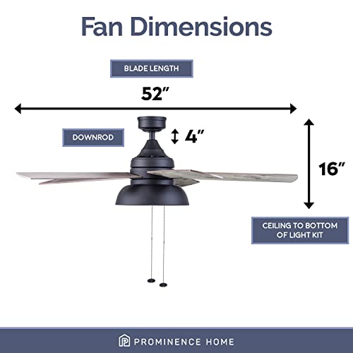 Prominence Home Brightondale, 52 Inch Industrial Style Indoor Outdoor LED Ceiling Fan with Light, Pull Chain, Dual Mounting Options, 5 Dual Finish Blades, Reversible Motor - 51659-01 (Matte Black)