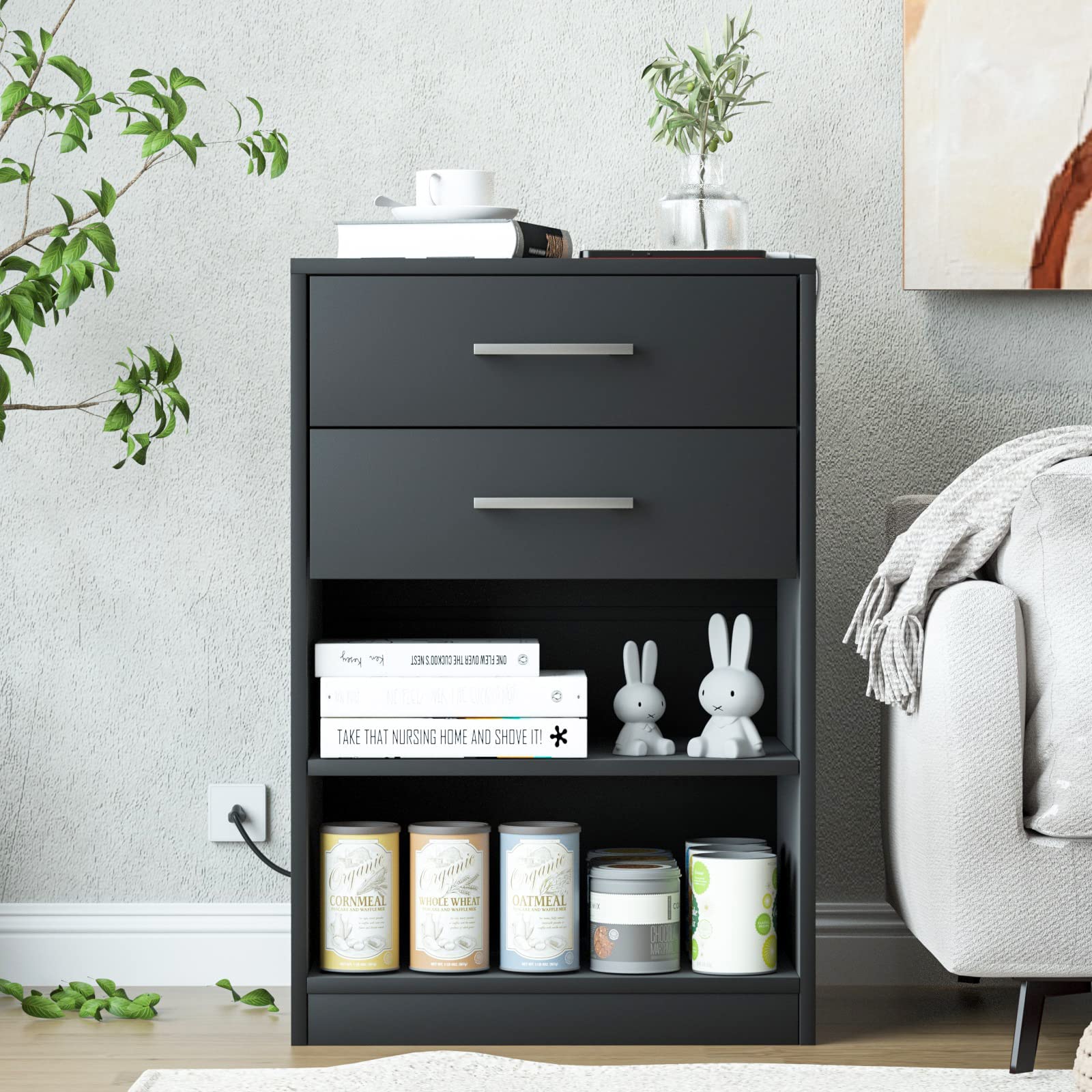 Irontar Nightstand with Charging Station, 2 Drawers End Table with 2 AC Outlets and 2 USB Ports, Wooden Side Table, Bedside Table with Adjustable Open Storage, Bedroom Night Stand, Black BZZ001BE