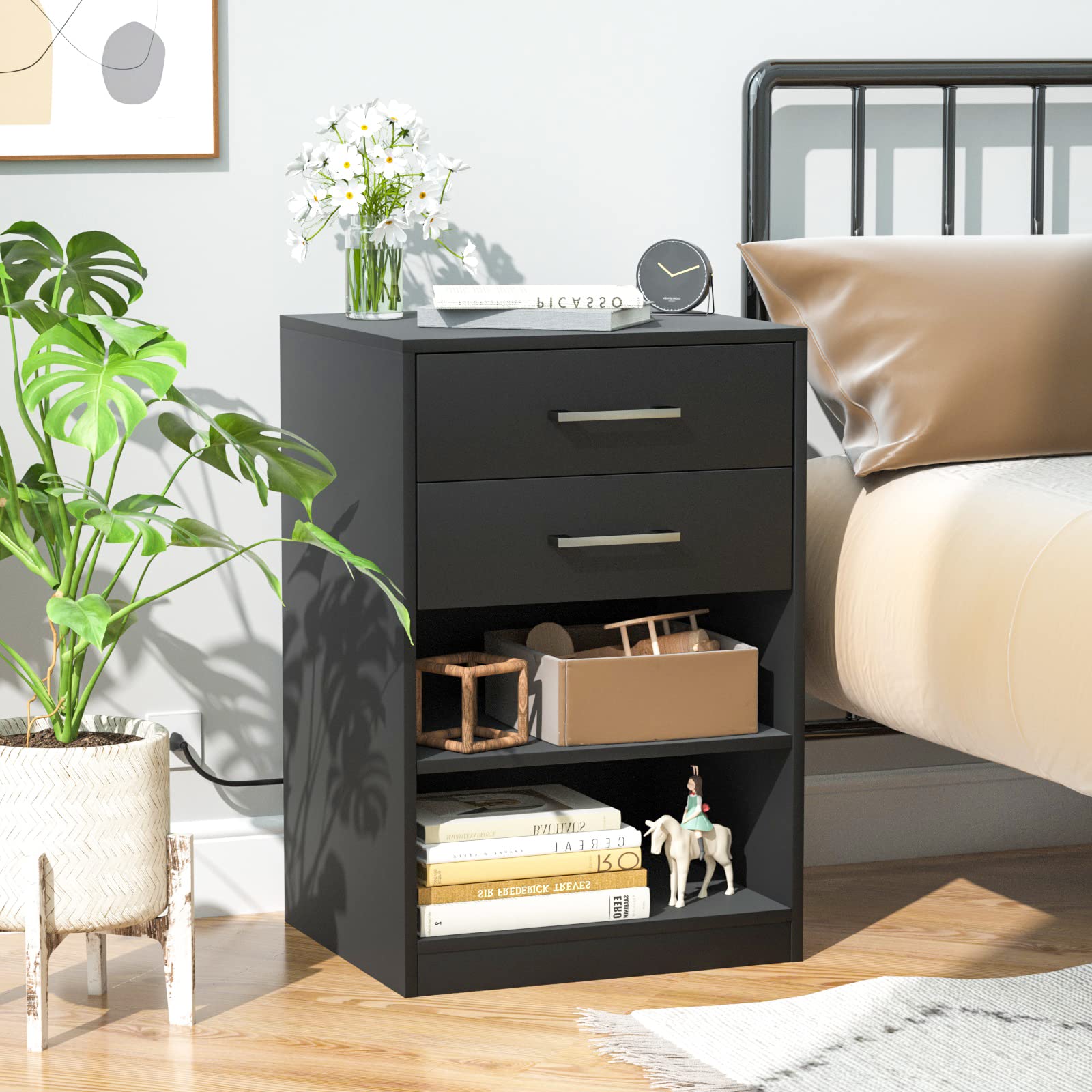 Irontar Nightstand with Charging Station, 2 Drawers End Table with 2 AC Outlets and 2 USB Ports, Wooden Side Table, Bedside Table with Adjustable Open Storage, Bedroom Night Stand, Black BZZ001BE